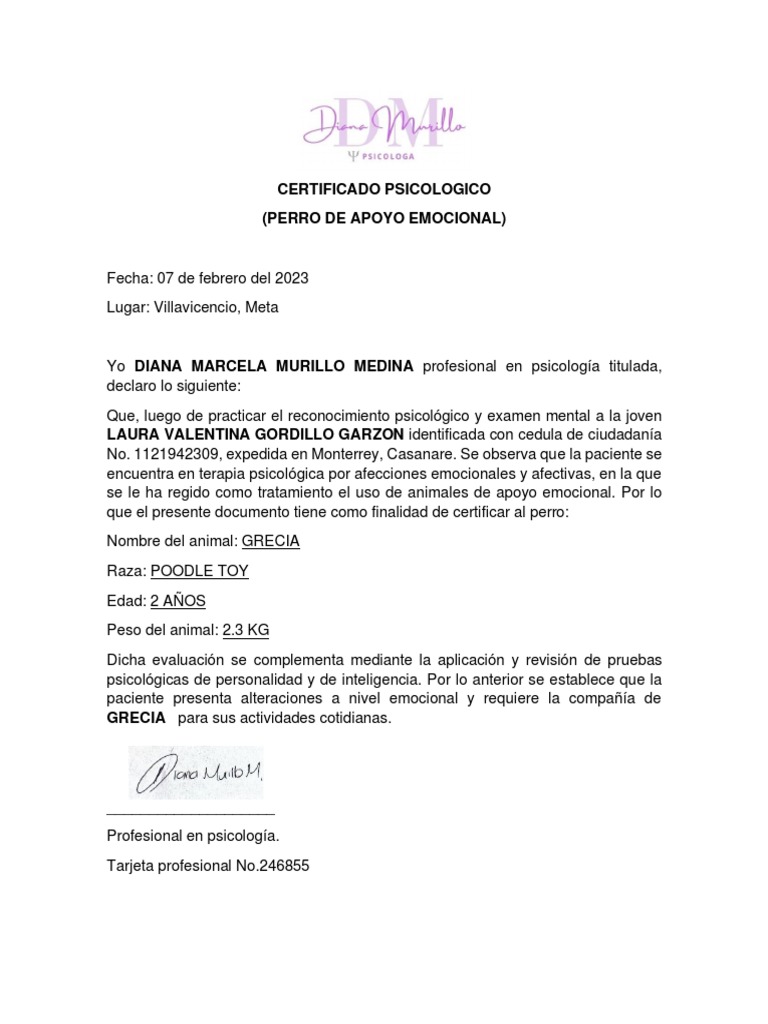 Certificado Psicologico Mascota de Apoyo Emocional | PDF | Relaciones ...