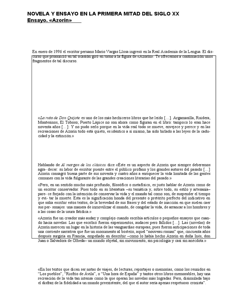 Novela Y Ensayo en La Primera Mitad Del Siglo XX Ensayo. Azorín | PDF ...
