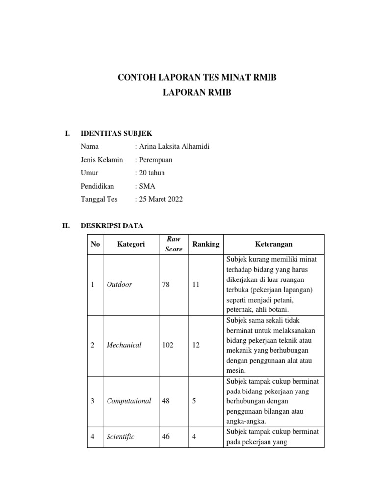 CONTOH LAPORAN TES MINAT RMIB - Arin PDF | PDF