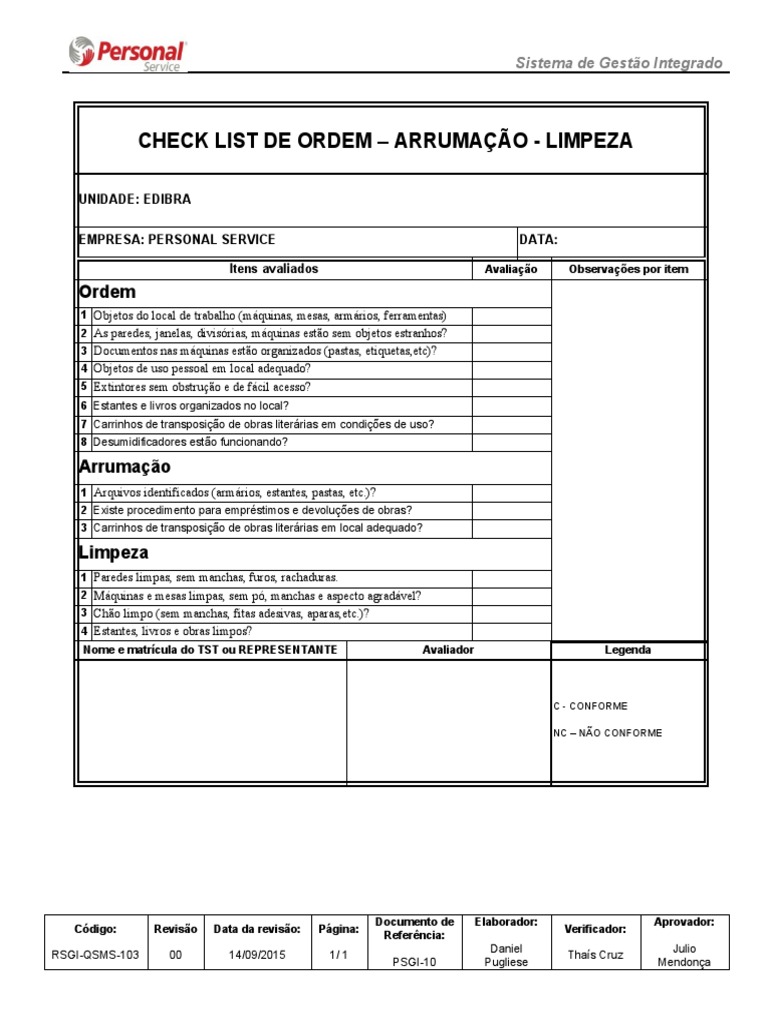 Check List de Inspeção de Ordem - Arrumação e Limpeza | PDF
