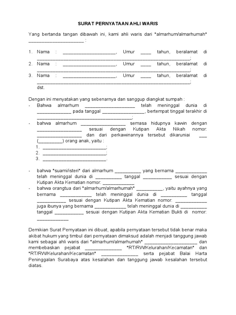 Surat Pernyataan Ahli Waris (SKHW) | PDF
