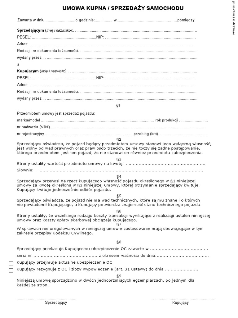 Umowa Kupna Sprzedaży Samochodu Wzór | PDF