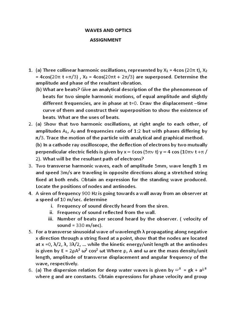 Waves&Optics Assignment PDF | PDF | Diffraction | Waves