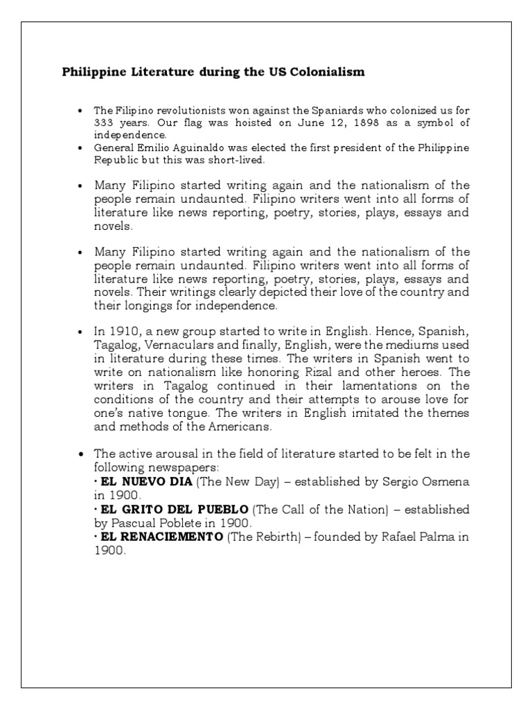 Philippine Literature During The US Colonialism | PDF | Tagalog ...