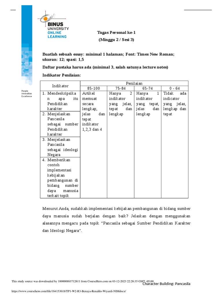 TP1 W2 R3 Benaya Renaldo Wiyardi NIM | PDF | Ilmu Sosial