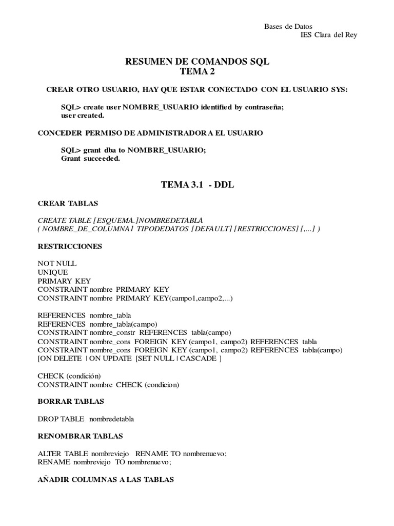 RESUMEN DE COMANDOS SQL (COMPLETO) | PDF | Informática | Gestión de datos