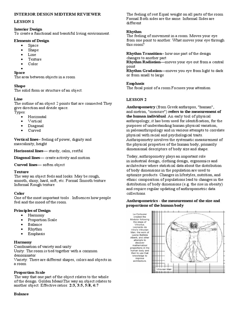 Interior Design Midterm Reviewer Guide | PDF | Design | Anthropometry