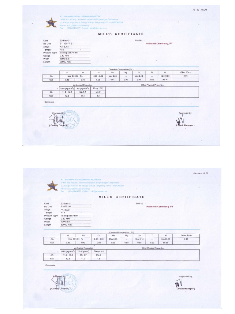 Mill Certificate Alumunium Sheet PDF | PDF