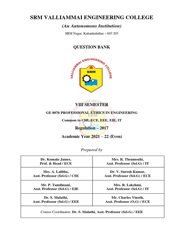 SRM Valliammai Engineering College: (An Autonomous Institution) | PDF | Risk | Experiment