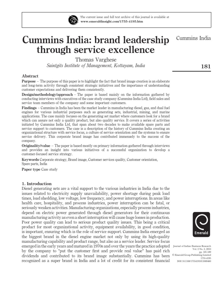 Cummins India: Building a Strong Brand Through Consistent Service ...