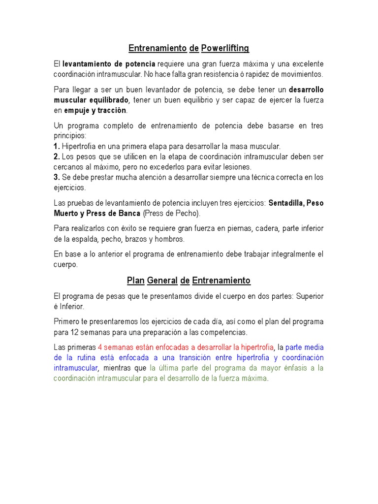 Entrenamiento De Powerlifting Pdf Deportes Atléticos Aptitud Física