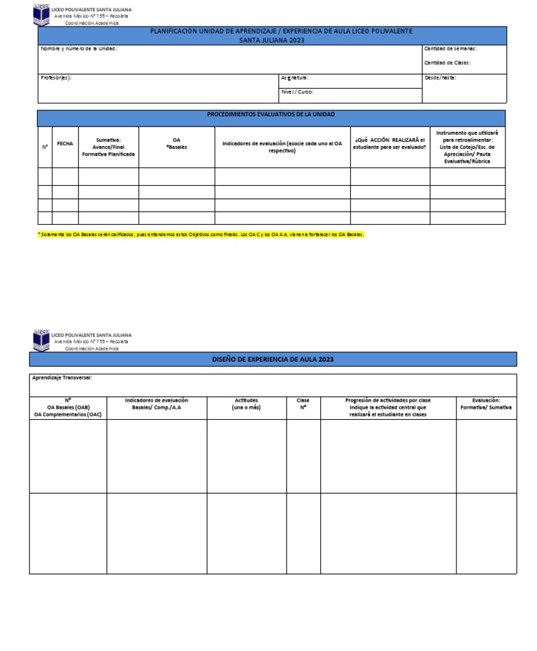Formato Planificacion de Unidad de Aprendizaje 2023 | PDF | Evaluación | Gestión del cambio