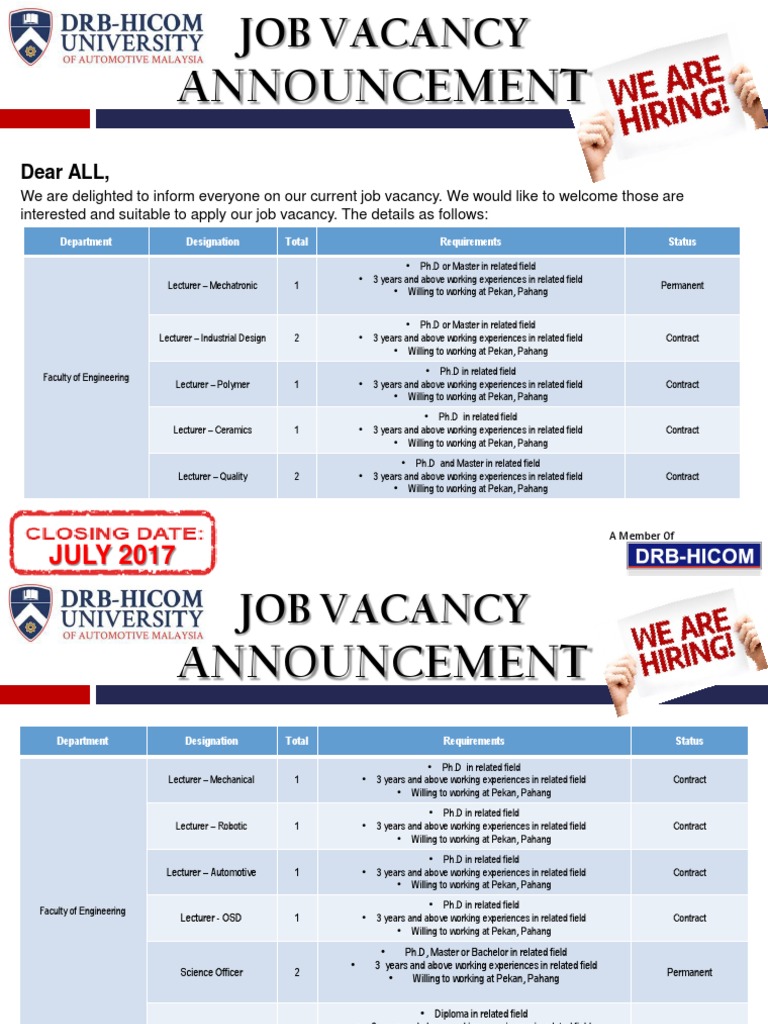 DRB-HICOM University Job Vacancies | PDF | Doctor Of Philosophy | Lecturer