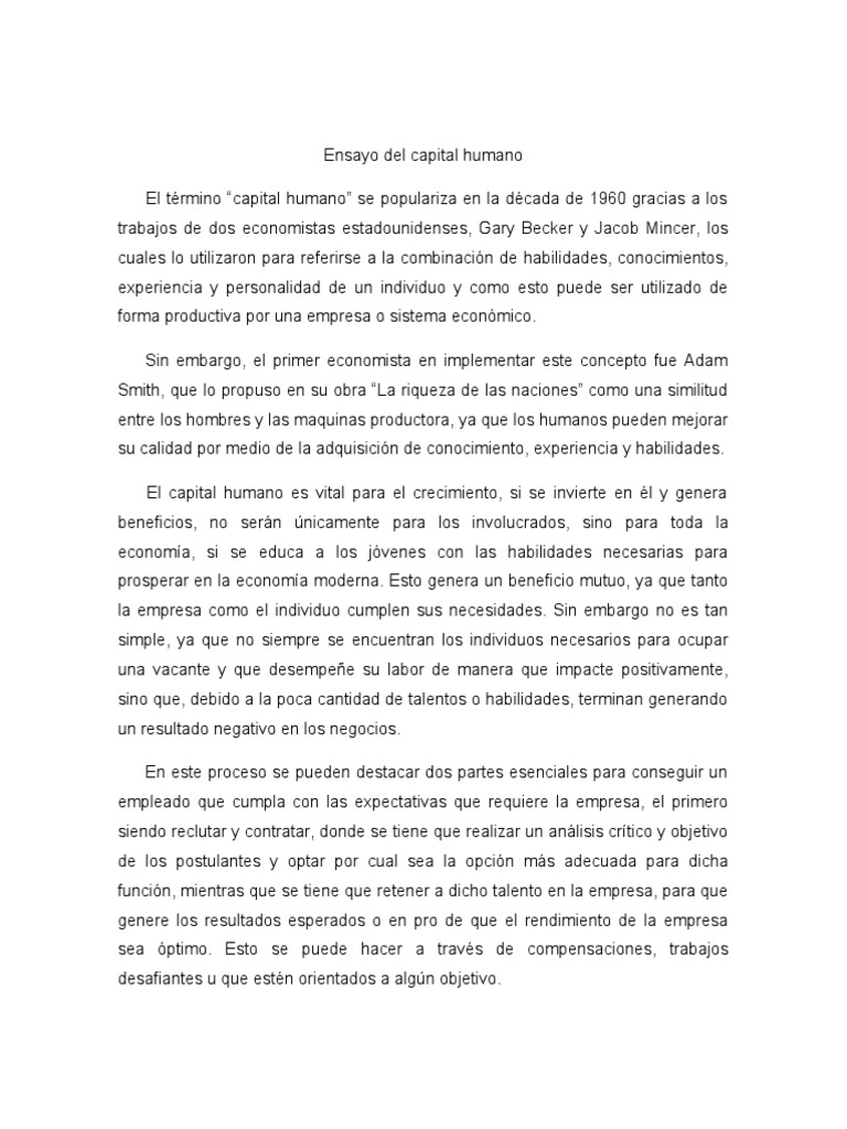 Ensayo Del Capital Humano | PDF | Capital humano | Capital (economía) Ensayo Del Capital Humano | PDF | Capital humano | Capital (economía)