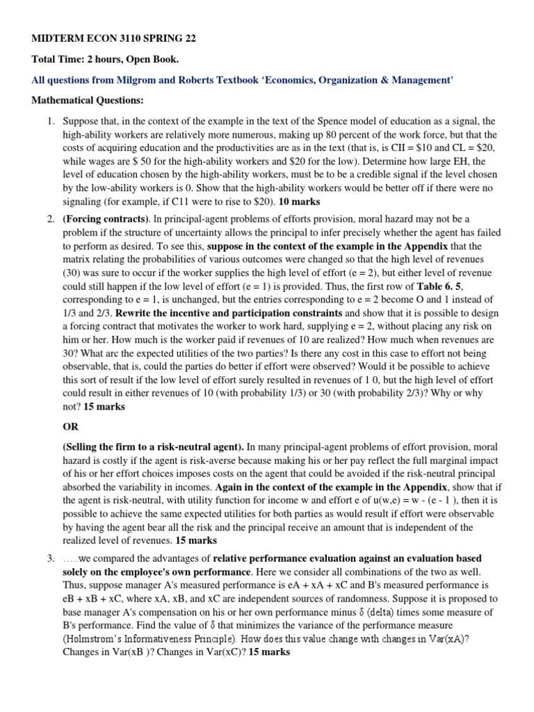 Econ 3110 Midterm Exam Spring 2022 | PDF | Economies | Economics