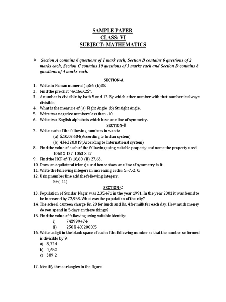 Class 6 Maths Term I Sample Paper PDF | PDF | Rectangle | Numbers