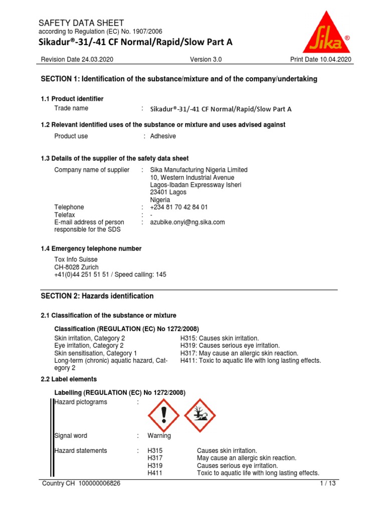 Sikadur-31CF PART A MSDS | PDF | Dangerous Goods | Toxicity