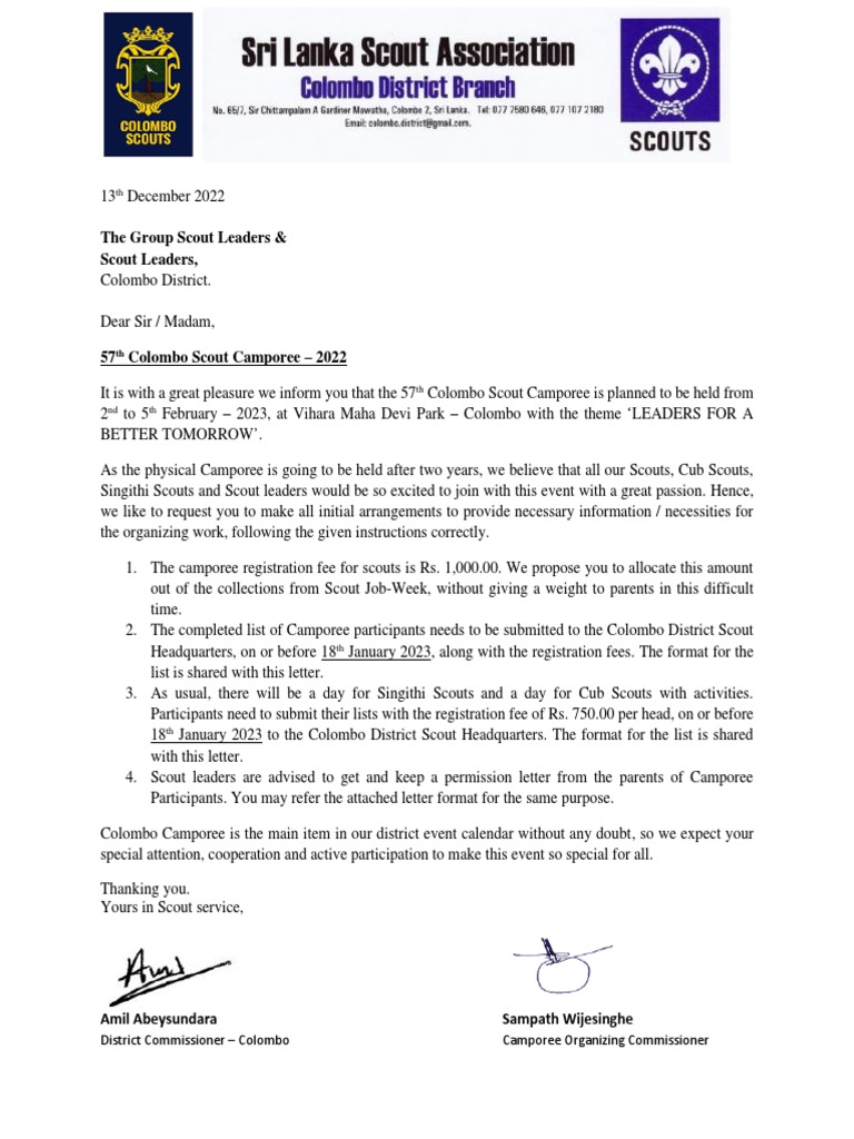 57th Colombo Camporee - Letter To Scout Troops | PDF