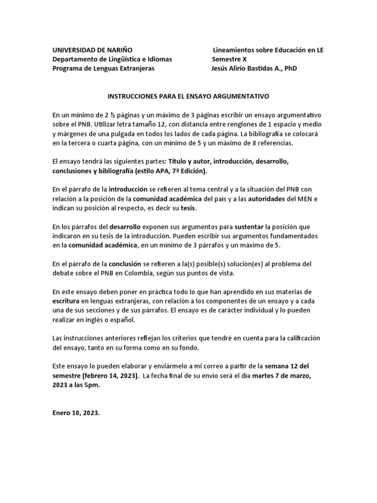 Instrucciones para El Ensayo Argumentativo | PDF