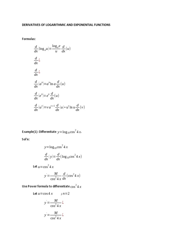 Derivatives of Logarithmic and Exponential Functions | PDF | Logarithm ...