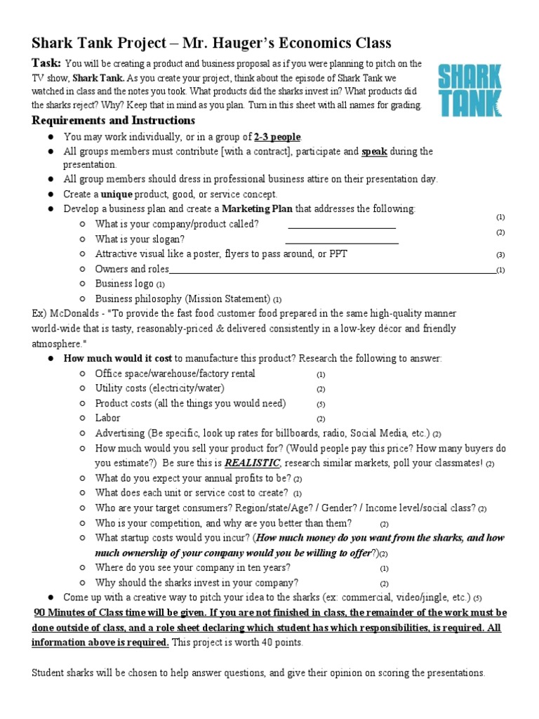 Shark Tank Project MR Haugers Economics Class HHS | PDF | Vocabulary ...