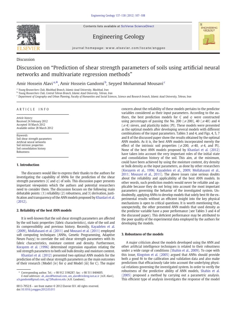 Discussion On Prediction of Shear Strength Parameters of Soils Using Artificial Neural | PDF ...