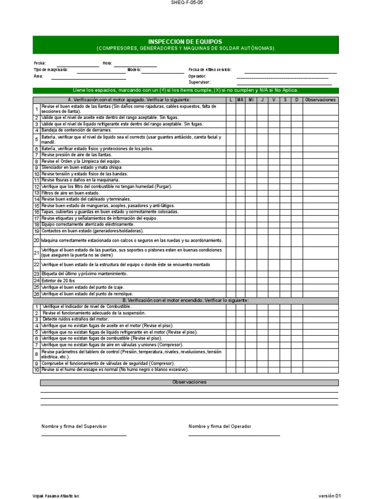 SHEQ-F-05-05 Formato para Inspeccion de Equipos | PDF | Ingeniería ...