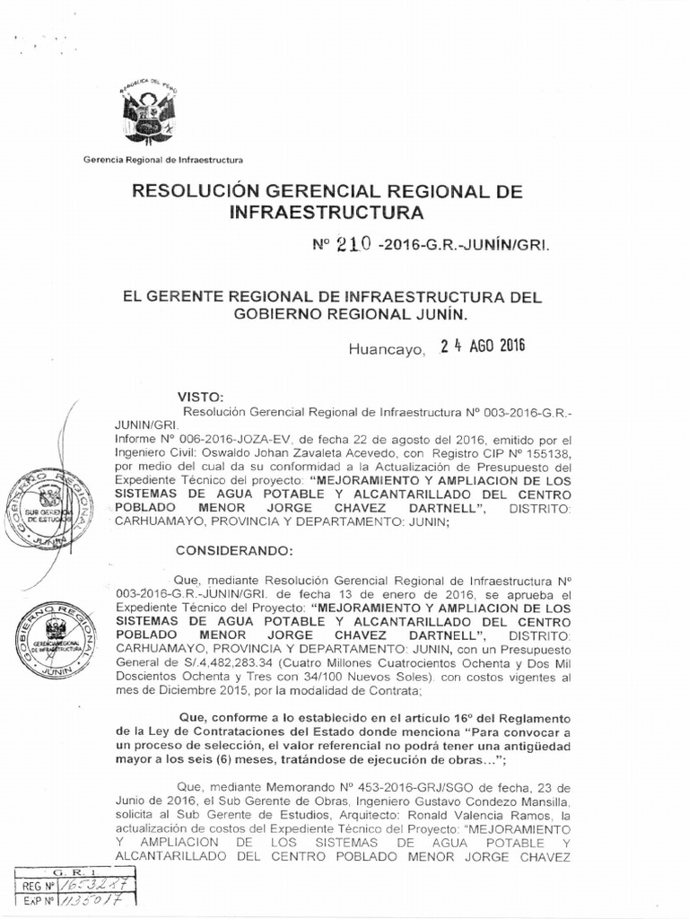 Resoluci N Gerencial Regional de Infraestructura N 210-2016-GR-JUNIN GRI | PDF