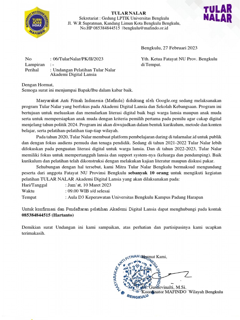 Surat Peserta Fatayat NU Prov Bengkulu | PDF