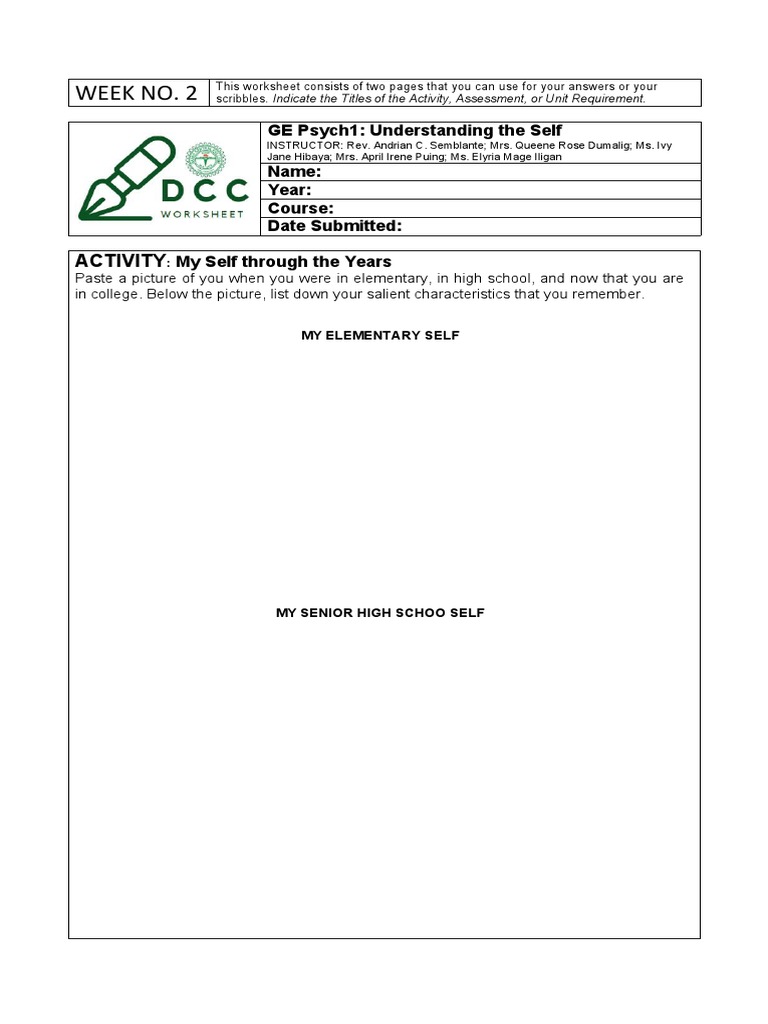 Understanding the Self Worksheet | PDF