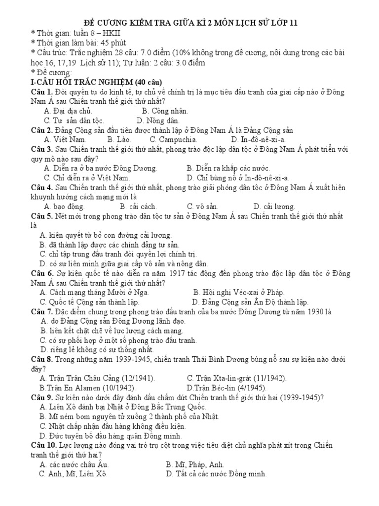 ĐỀ CƯƠNG KIỂM TRA GIỮA KÌ 2 MÔN LỊCH SỬ LỚP 11 | PDF