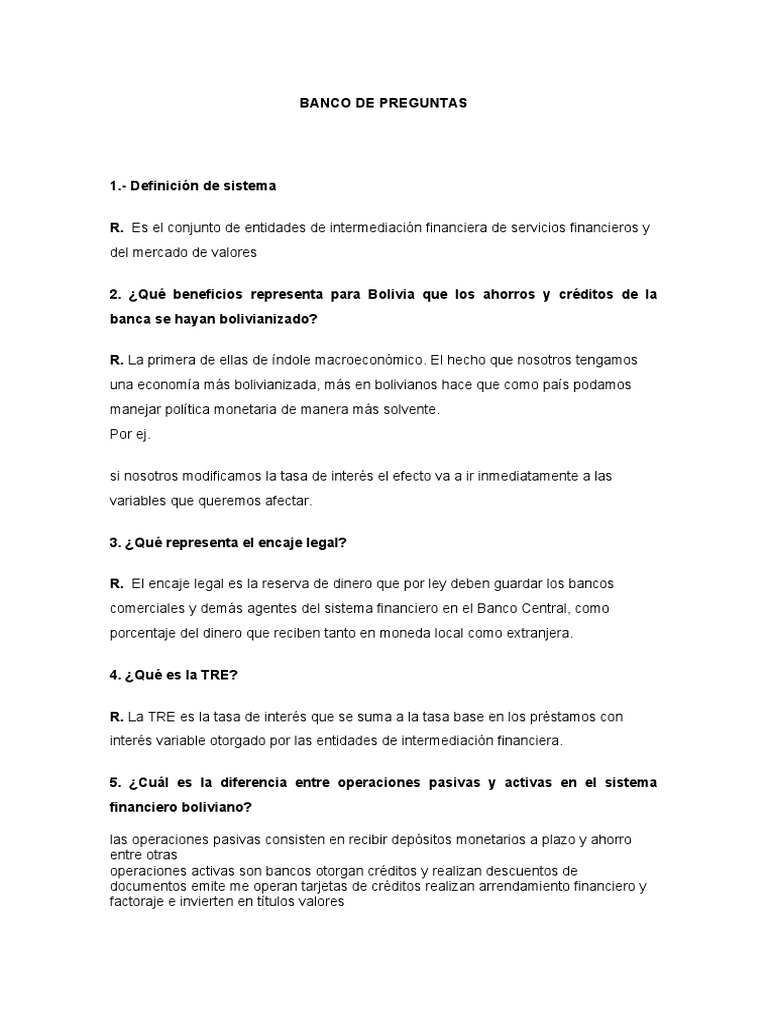 Banco de Preguntas Del Sistema Financiero | PDF | Bancos | Sistema financiero