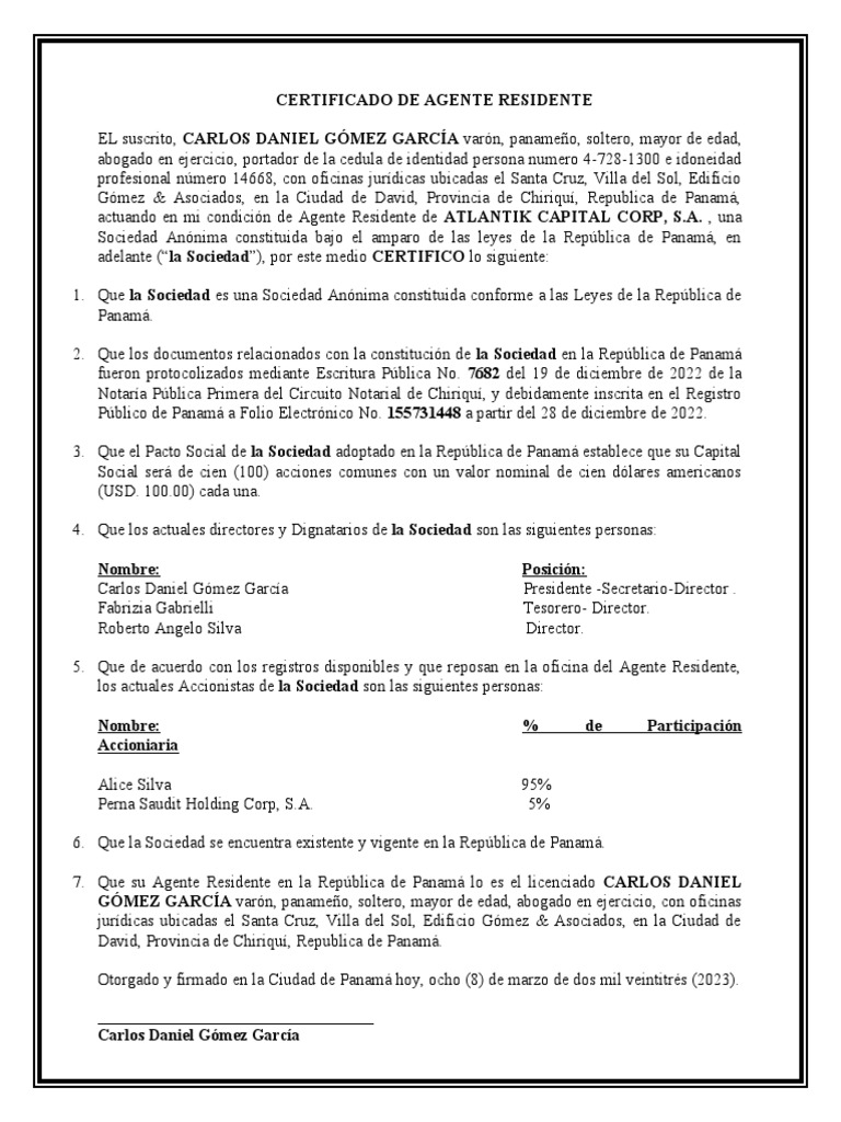 Certificado de Agente Residente | PDF | Panamá | Justicia