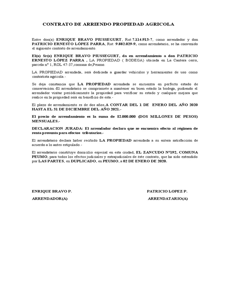 Contrato de Arriendo Propiedad Agricola | PDF