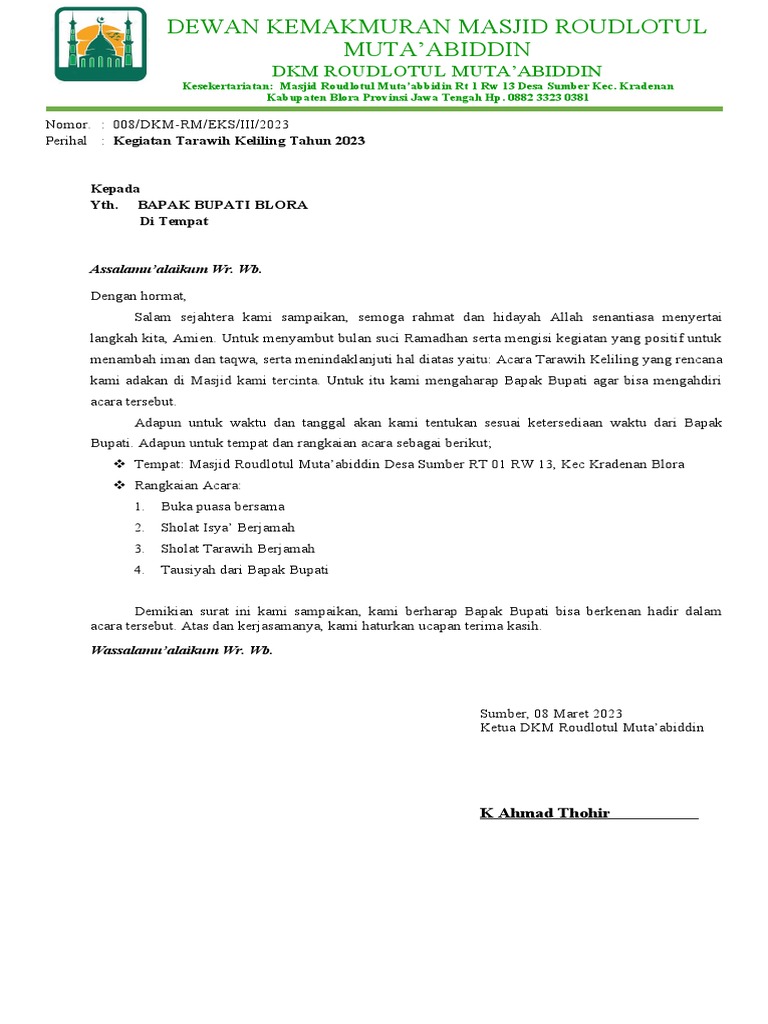 Surat Pengajuan Bupati Pengajian Ramadan 2023 | PDF