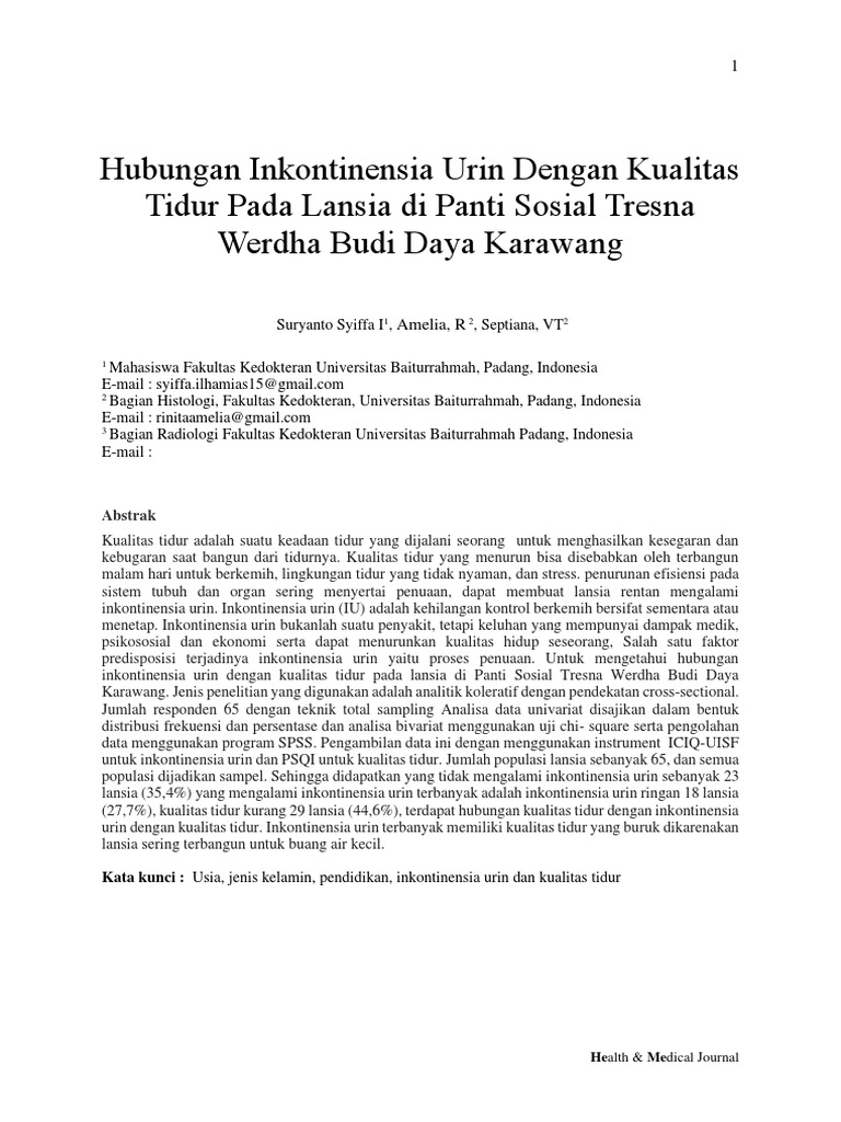 Jurnal Hubungan Inkontinensia Urin Dengan Kualitas Tidur Pada Lansia | PDF | Kesehatan Holistik ...