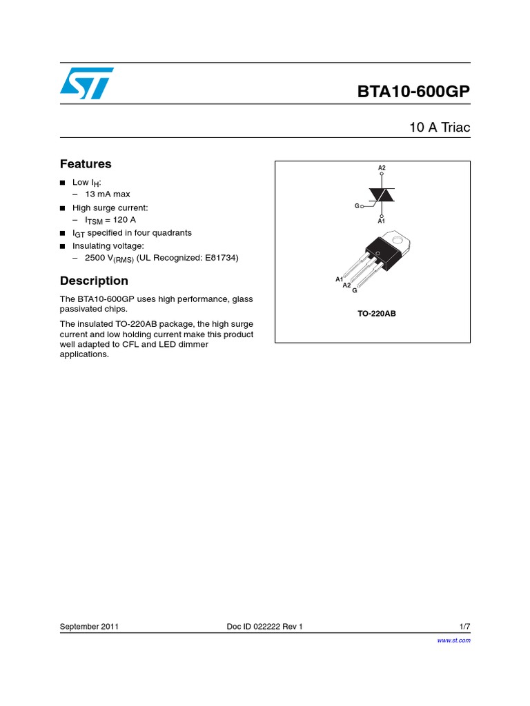 Eletrônica - BTA10-600GP - Datasheet | PDF | Electrical Engineering | Electricity