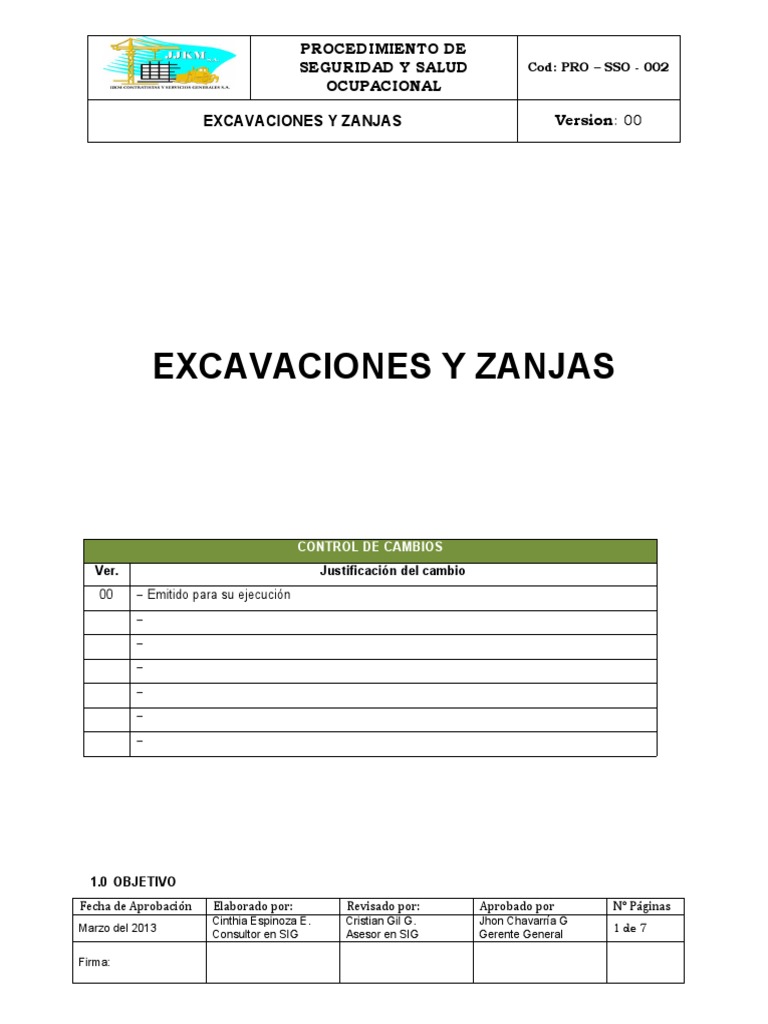 PRO - SSO - 002 - Excavaciones y Zanjas | PDF