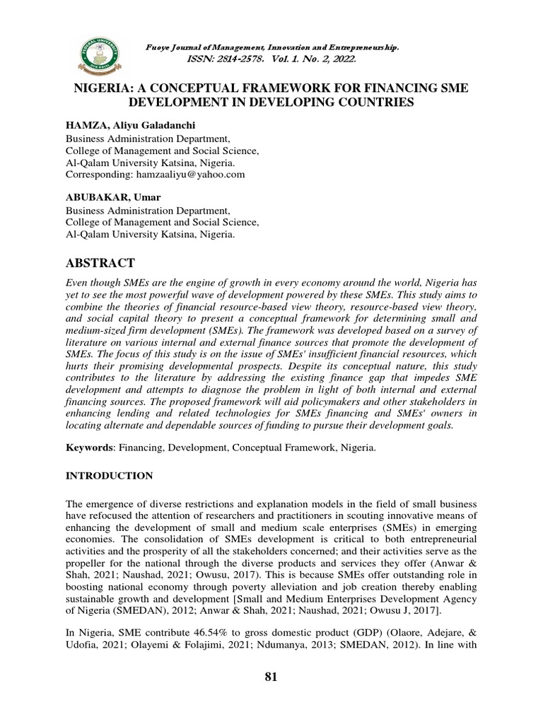 Nigeria A Conceptual Framework For Financing Sme Development in ...