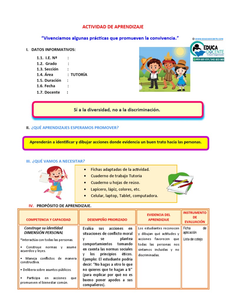 Actividades Inclusivas contra la Discriminación | PDF | Evaluación ...