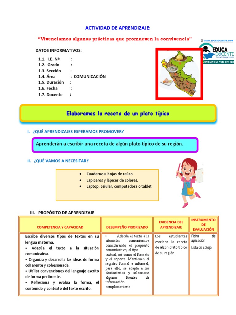 DIA 3 SESION DE APRENDIZAJE Elaboramos La Receta de Un Plato Típico | PDF | Evaluación | Aprendizaje