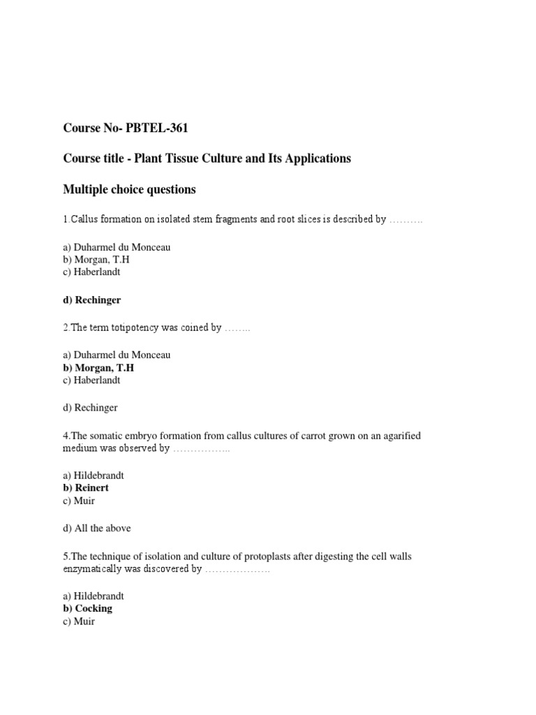 Plant Tissue Culture Multiple Choice Questions | PDF | Plant Hormone ...