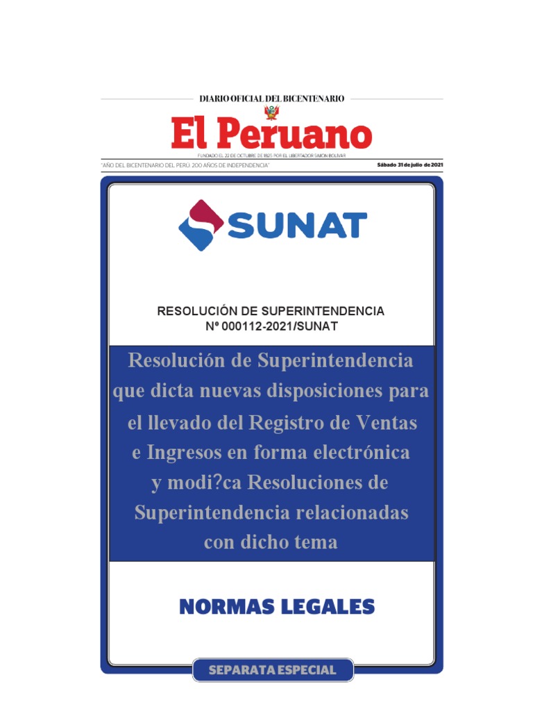 RESOLUCION #000112-2021 - SUNAT - Norma Legal Diario Oficial El Peruano | PDF | Internet | Red ...