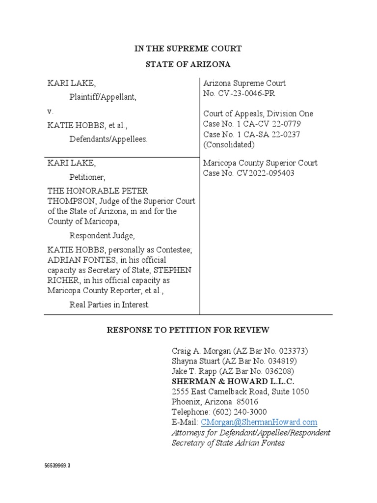 Lake v. Hobbs: Response To Petition in AZ Supreme Court | PDF | Burden ...