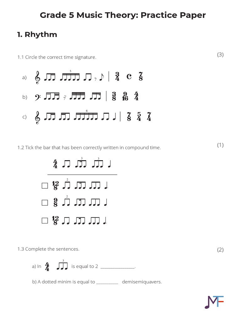 Grade 5 Music Theory Practice Paper | PDF | Minor Scale | Interval (Music)