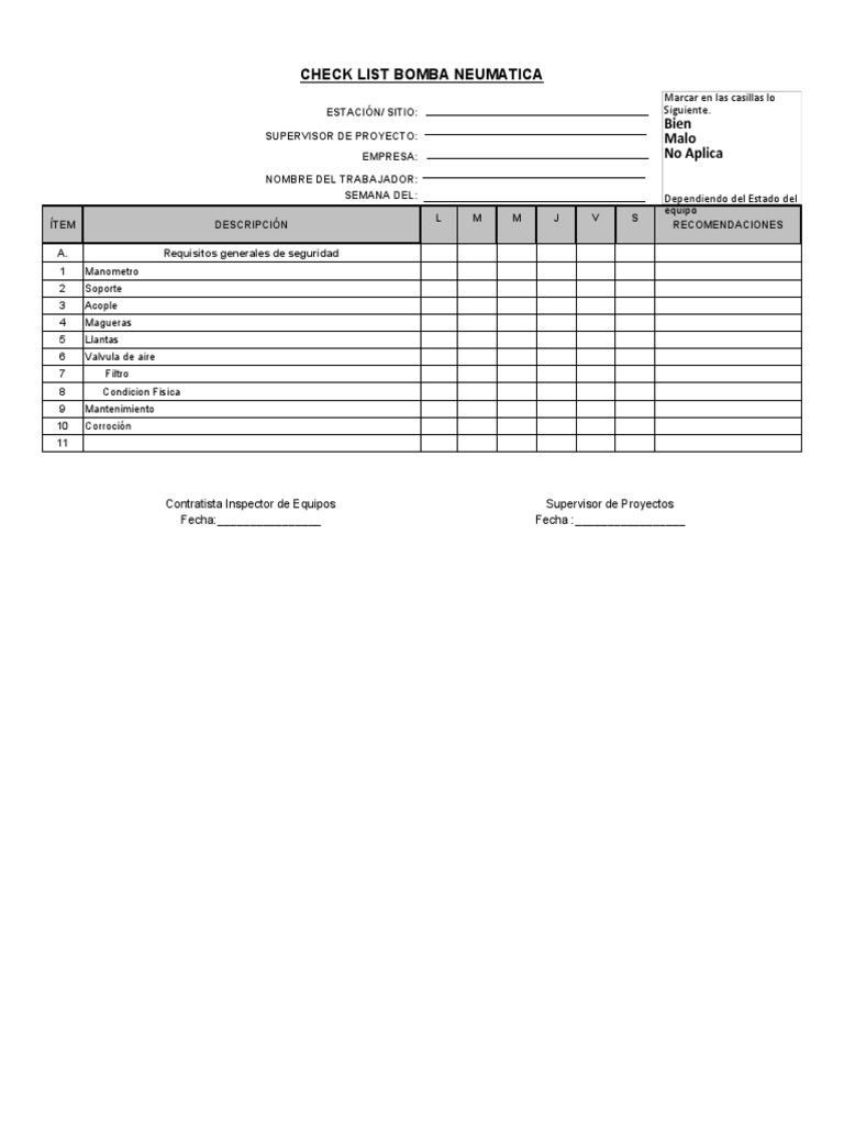 Check List Bomba Neumatica | PDF