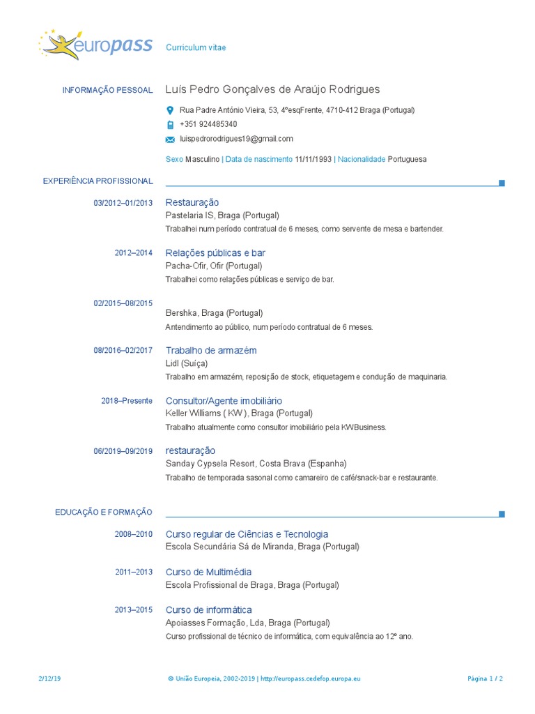 CV Europass 20191202 GonçalvesDeAraújoRodrigues PT PDF | PDF | Portugal ...