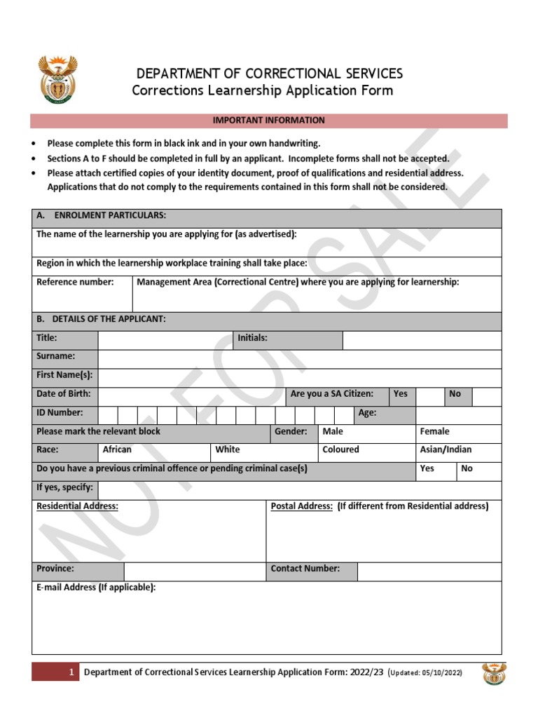 Corrections Learnership Application Form 20222023 PDF | PDF | Disability