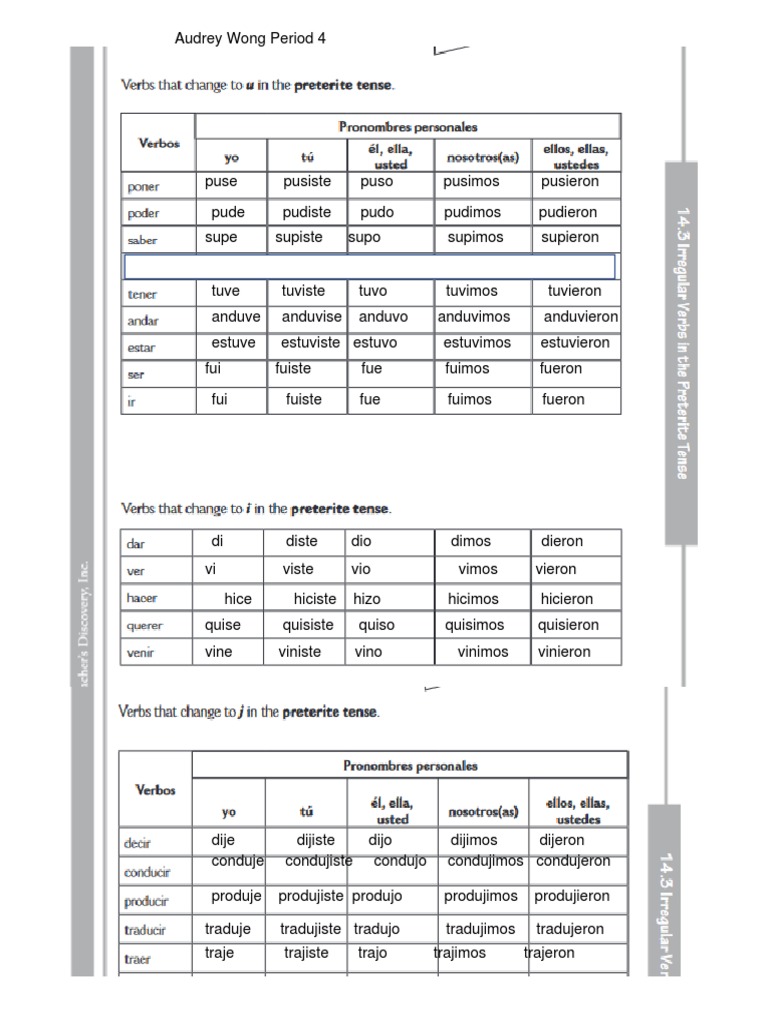 Tarea - New Irregular Preterite Verbs | PDF