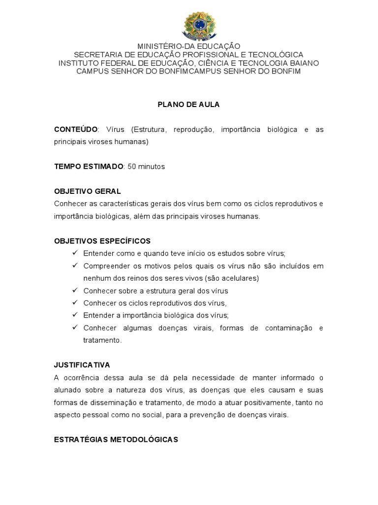 Plano de Aula Vírus | PDF